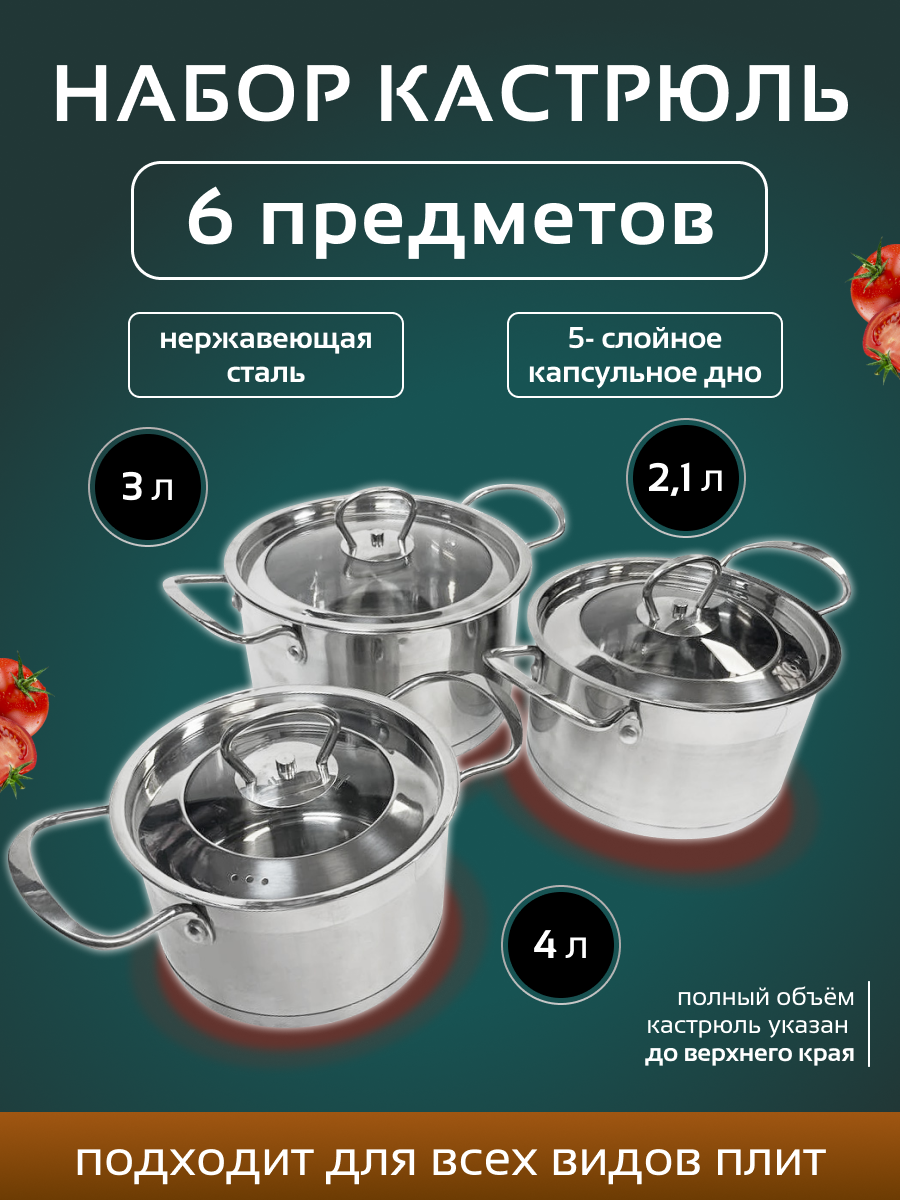 Набор кастрюль KELLI, нержавеющая сталь, капсульное дно, 2.1/3/4 л 3 шт