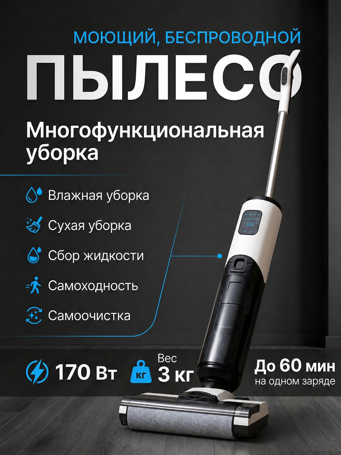 Моющий пылесос, для дома, вертикальный, беспроводной, с режимом самоочистки