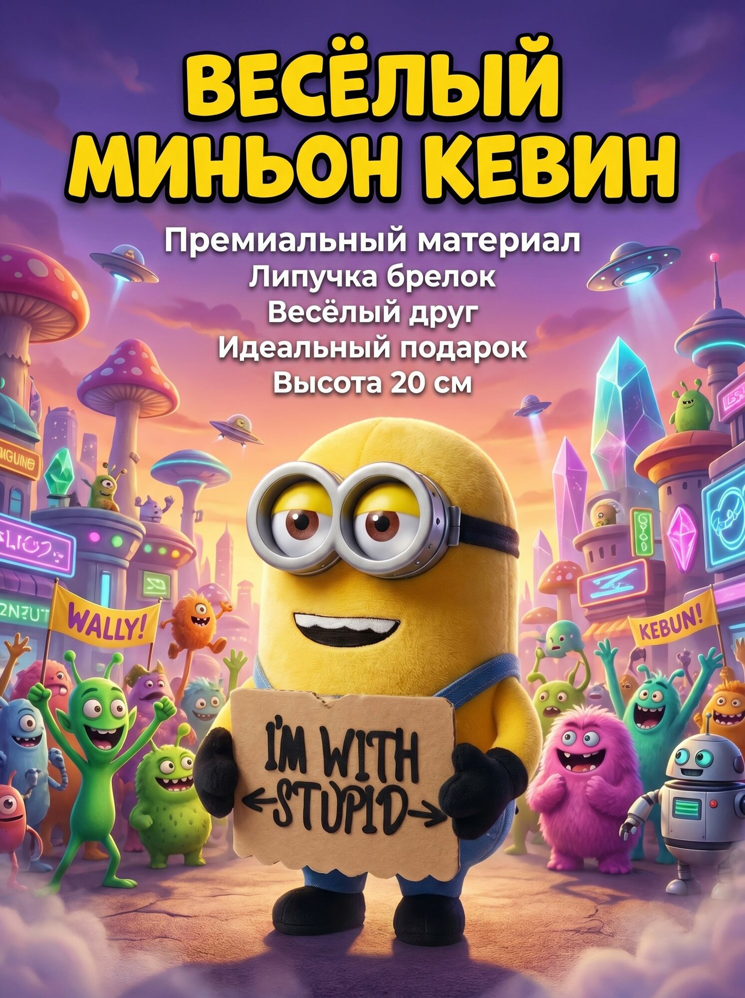 Мягкая игрушка Миньон "Кевин", с липучкой, плюш, жёлтая, 20см