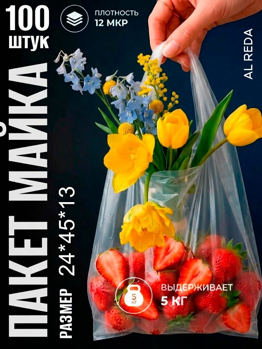 Пакет майка белый, 100 штук, размер 24*45*13, плотность 12 микрон, полиэтилен