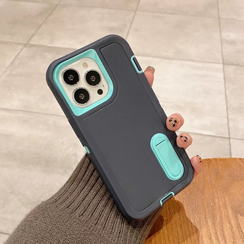 Чехол для iPhone 16 Pro Max из темно-синего силикона с мятной рамкой и встроенным подставкой