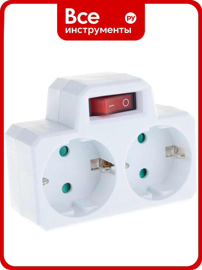 Разветвитель Jazzway Jаzzway с заземлением 16А AD-2GS 3.5кВт защитные шторки с выключателем IP20 5004788