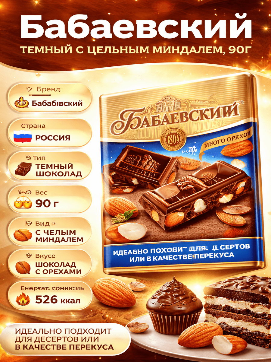 Шоколад Бабаевский темный с цельным миндалем, 90г