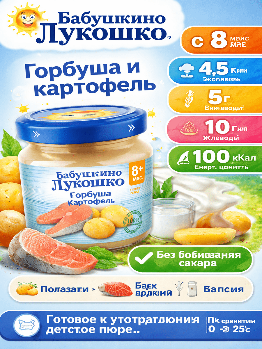 Пюре рыбно-растительное детское Бабушкино Лукошко Горбуша и картофель с 8 месяцев, 100г