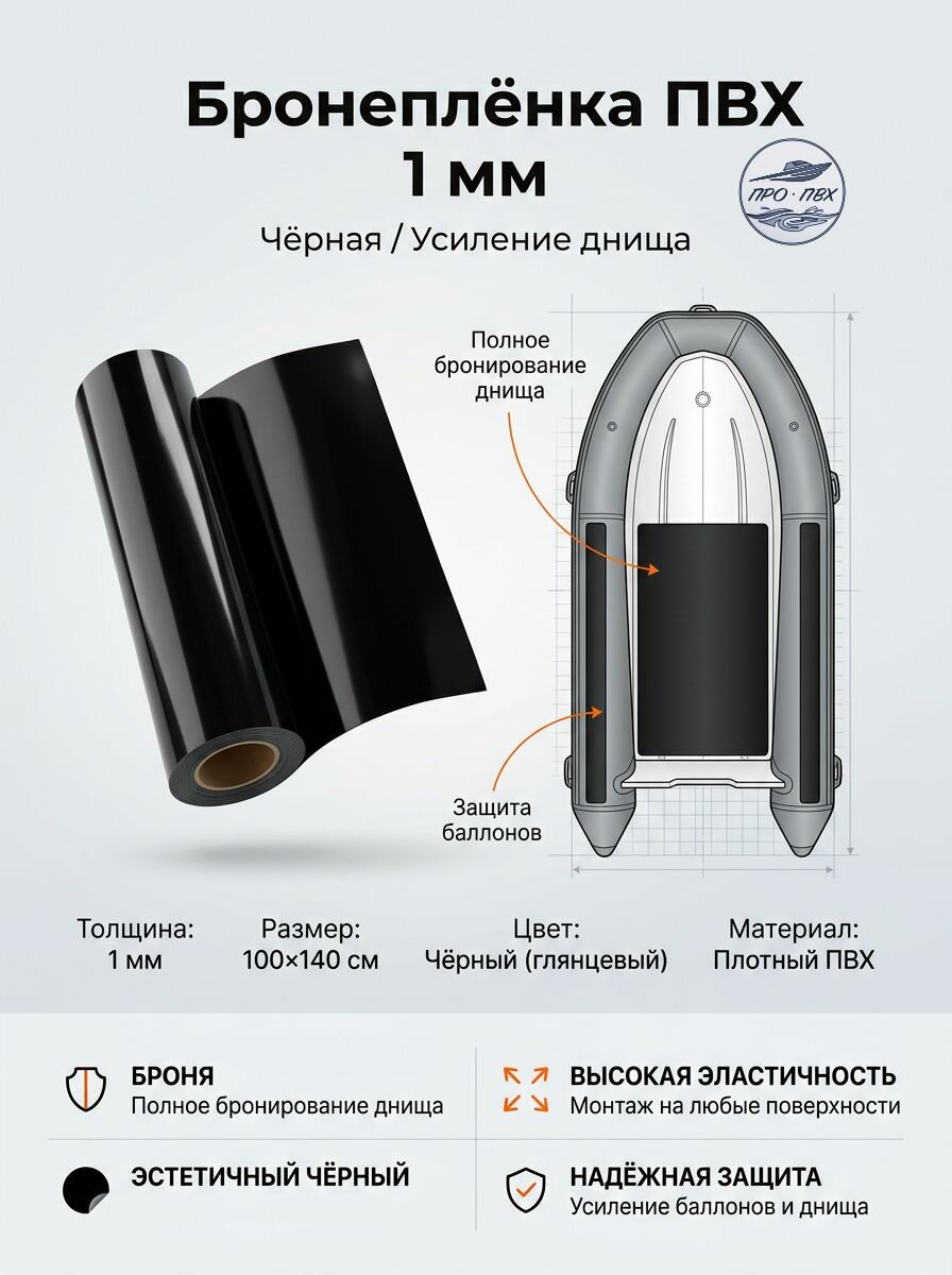 Плёнка ПВХ размер 140х100 см, толщина 1 мм чёрная для бронирования и усиления лодок защита баллонов, дна и киля