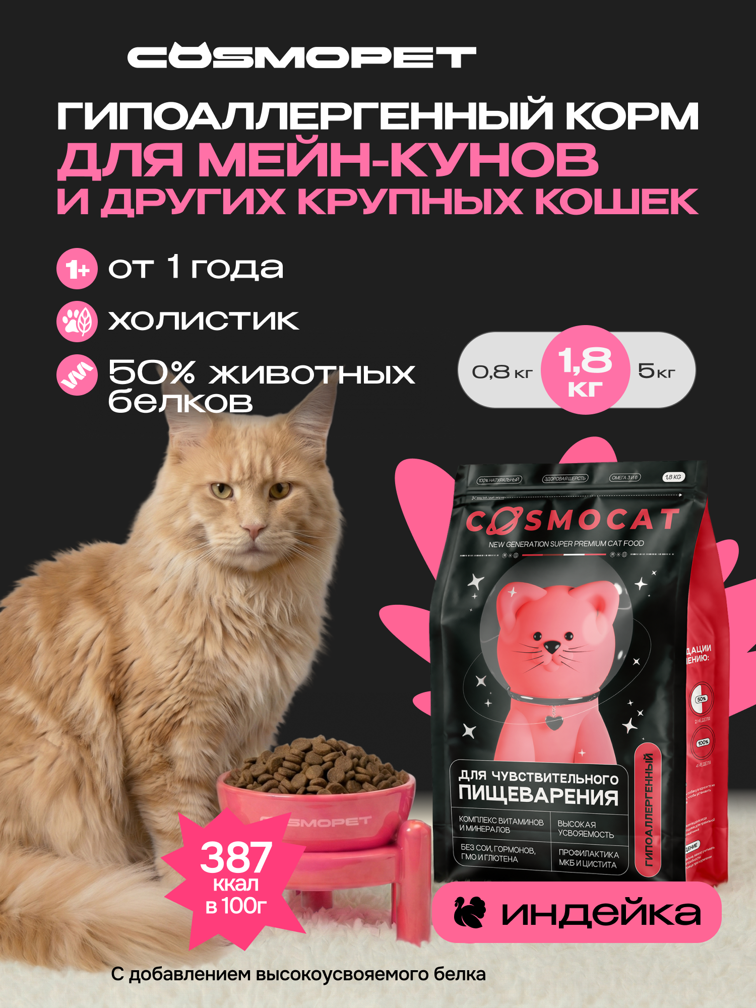 Корм для кошек и котов породы Мейн-Кун сухой Cosmocat гипоаллергенный с индейкой 1,8 кг премиум класса