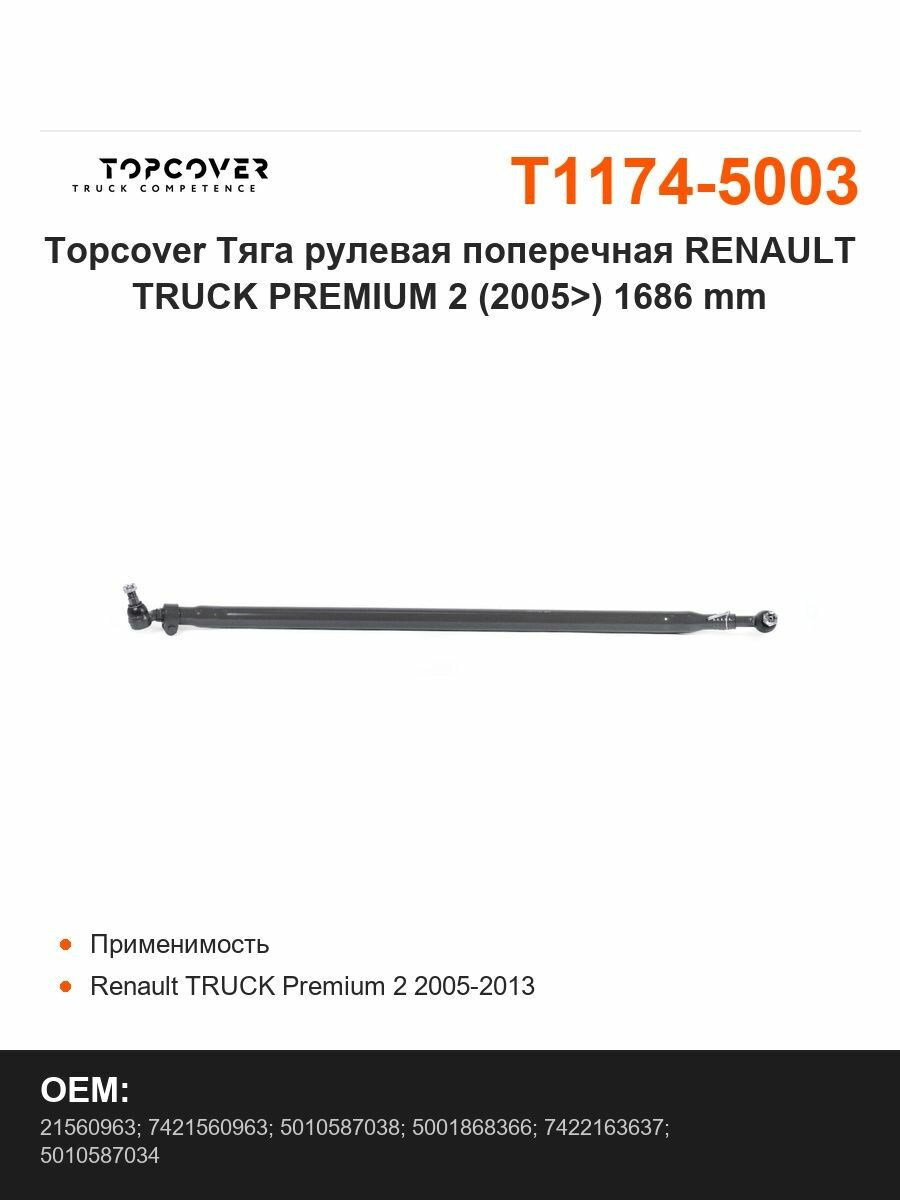 Topcover Тяга рулевая поперечная RENAULT TRUCK PREMIUM 2 (2005>) 1686 mm