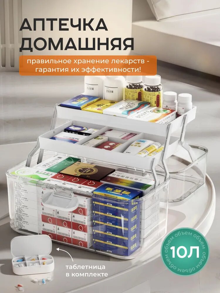Аптечка домашняя пластиковая, контейнер, органайзер для хранения лекарств и медикаментов