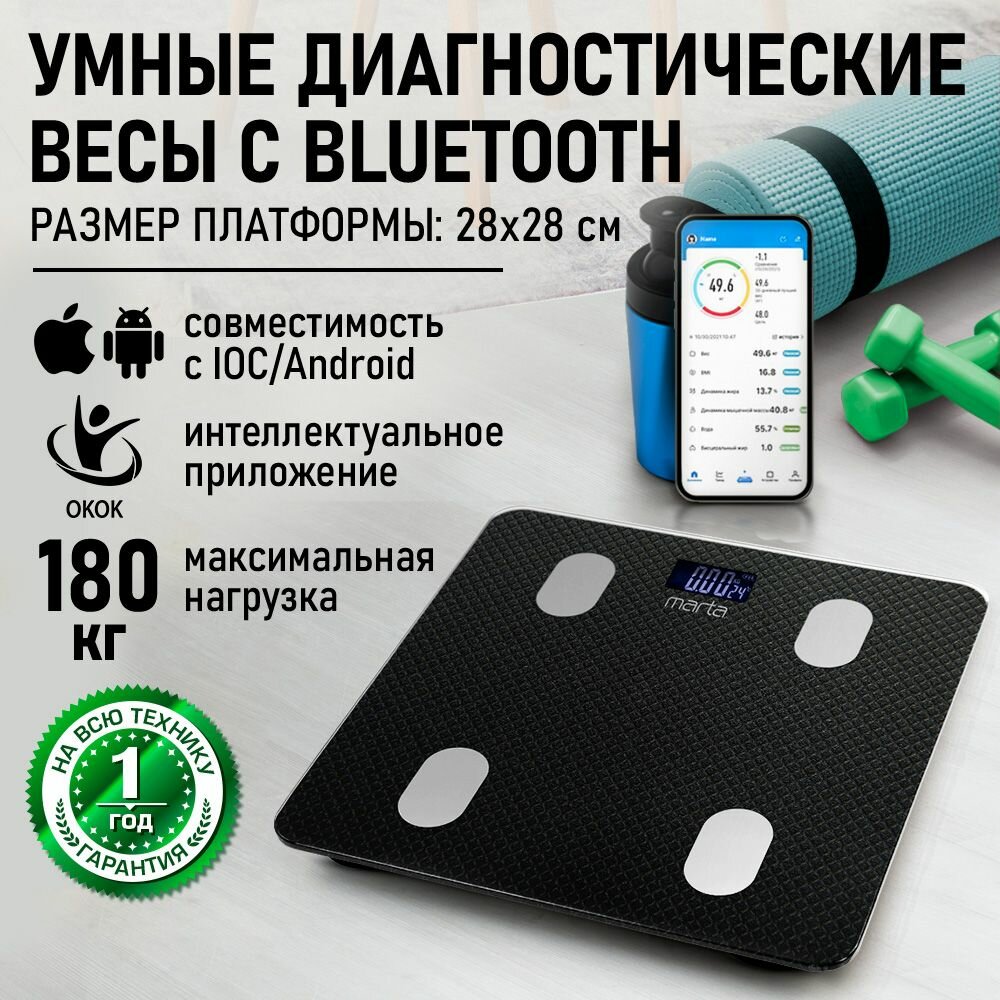 MARTA Умные весы напольные Smart Scale диагностические для измерения уровня жира, воды, мышечной и костной массы 28х28 см, карбон
