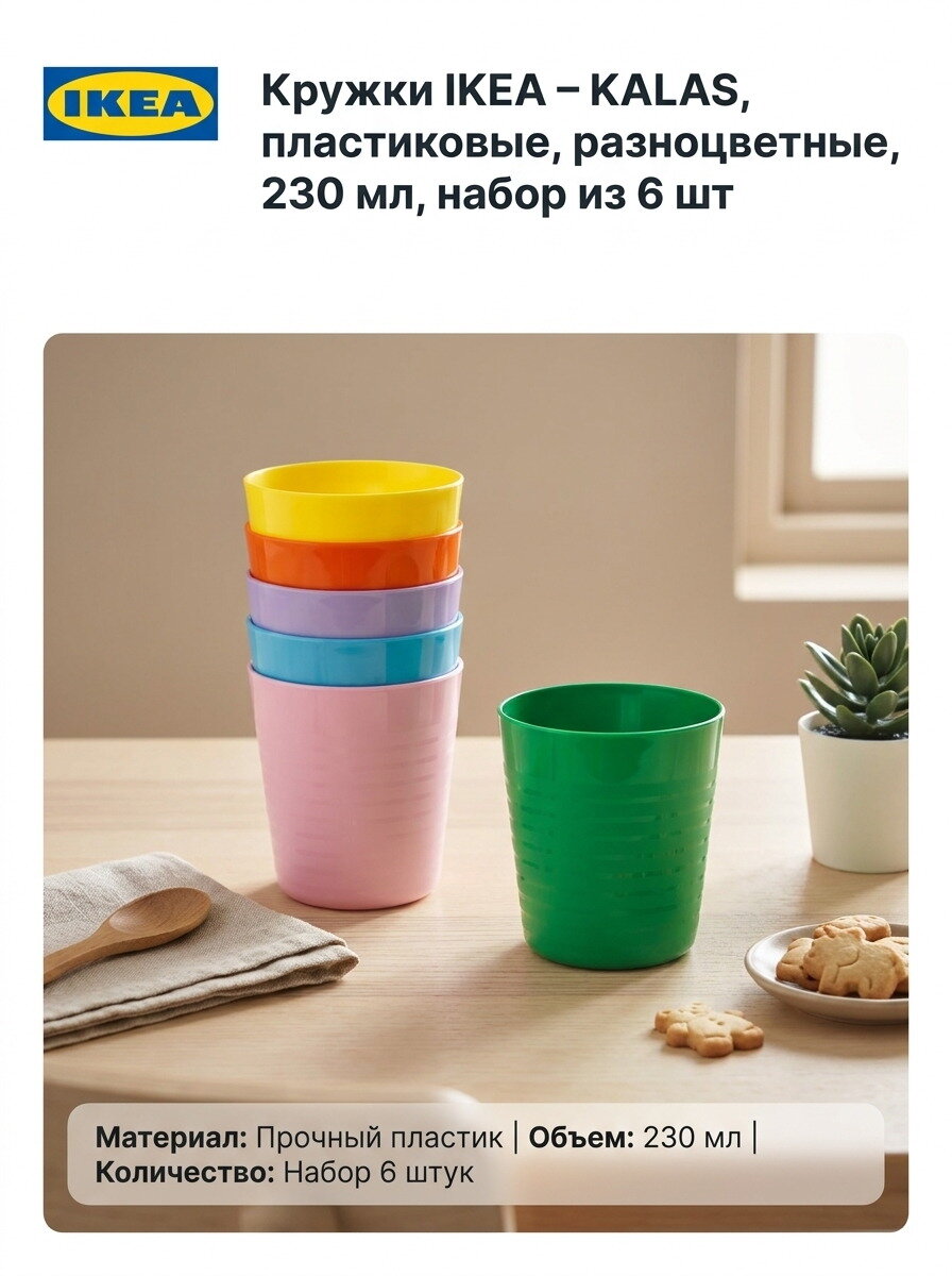 Кружки IKEA KALAS, пластиковые, разноцветные, 230 мл, набор из 6 шт