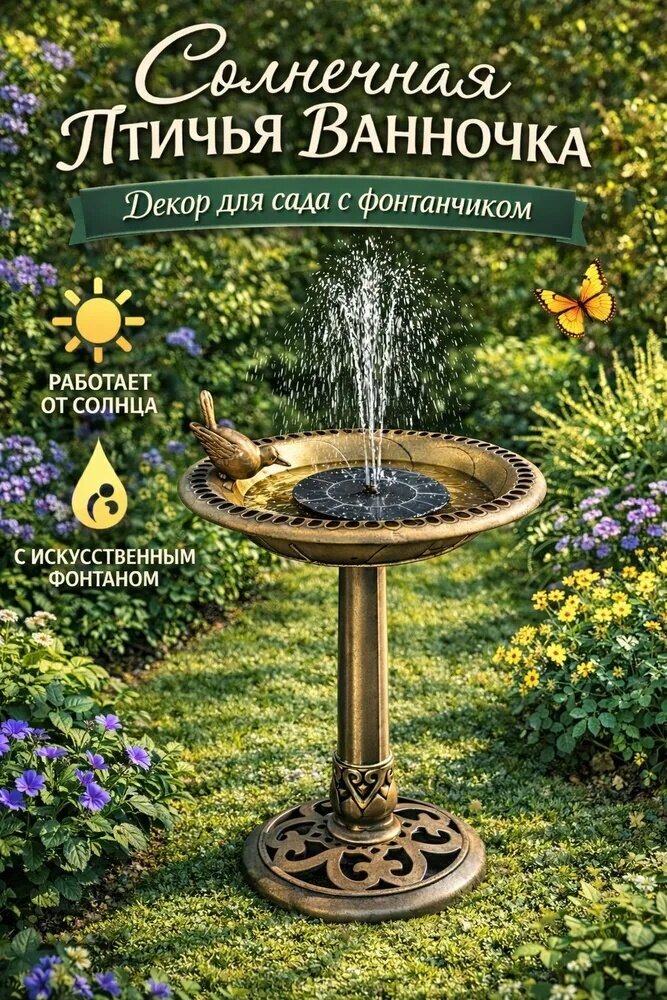 Фонтан для птиц "Solar fountain bird", цвет золотистый, материал пластик