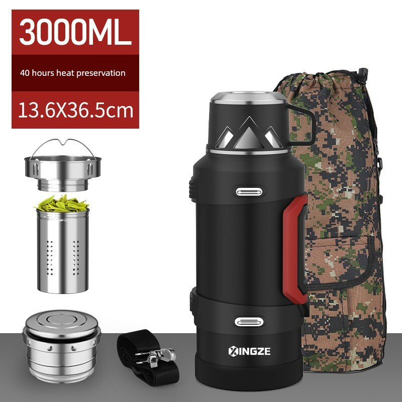 Премиум-фляга из нержавеющей стали 316L, 3,0 л, черная с чехлом термос-чашка для походов, стальной цвет