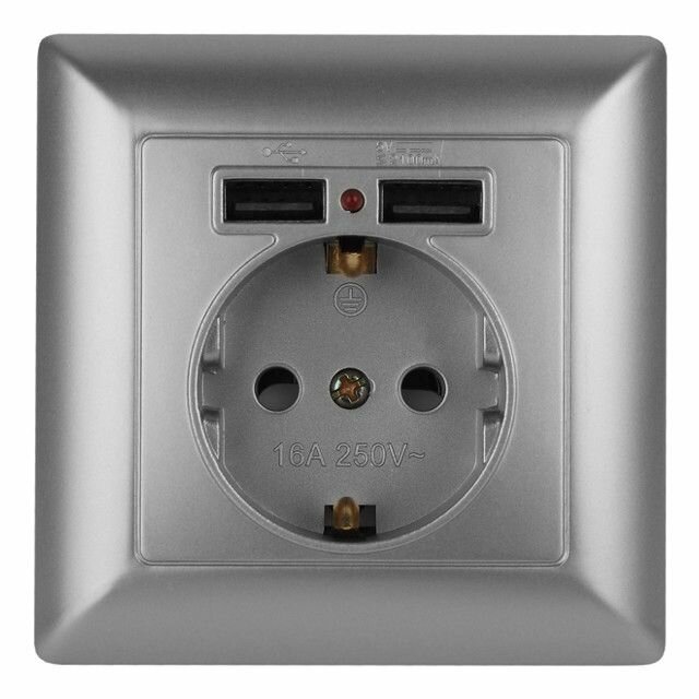 Розетка 1 пост INTRO Solo с заземлением со шторками + 2USB 16А алюминий