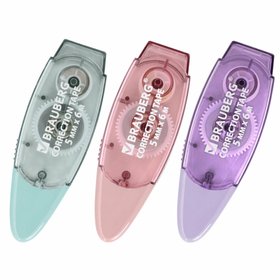 Корректирующая лента BRAUBERG PASTEL, 5 мм х 6 м, ассорти, блистер, 272666, 272666