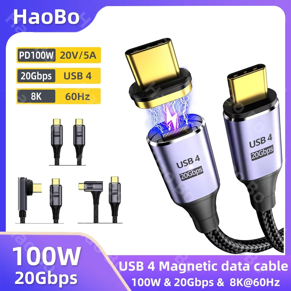 Магнитный Кабель USB4.0, 20 Гбит/с, PD 100 Вт, 5 А, Быстрая Зарядка, USB Type-C На Straight head