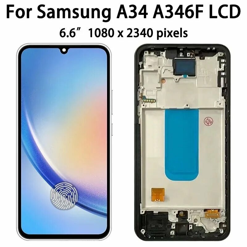 6.6 дюймов AMOLED для Samsung Galaxy A34 5G, A346E, A346B/DS, LCD дисплей с рамкой, сенсорный экран, сборка панели диджитайзера, черный
