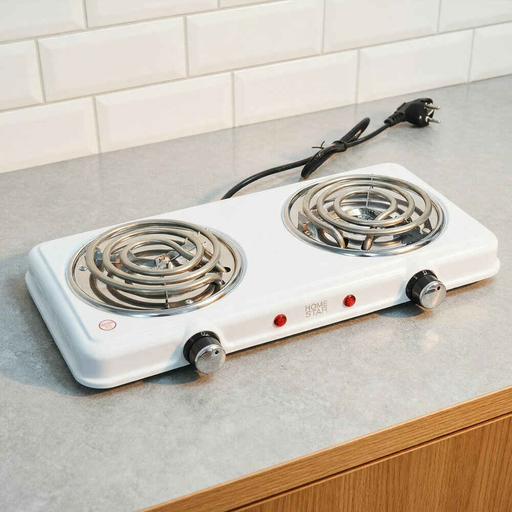 Электроплитка HOMESTAR HS-1109 настольная 2 конфорки, спиральный нагрев, 1000+1000Вт, белая