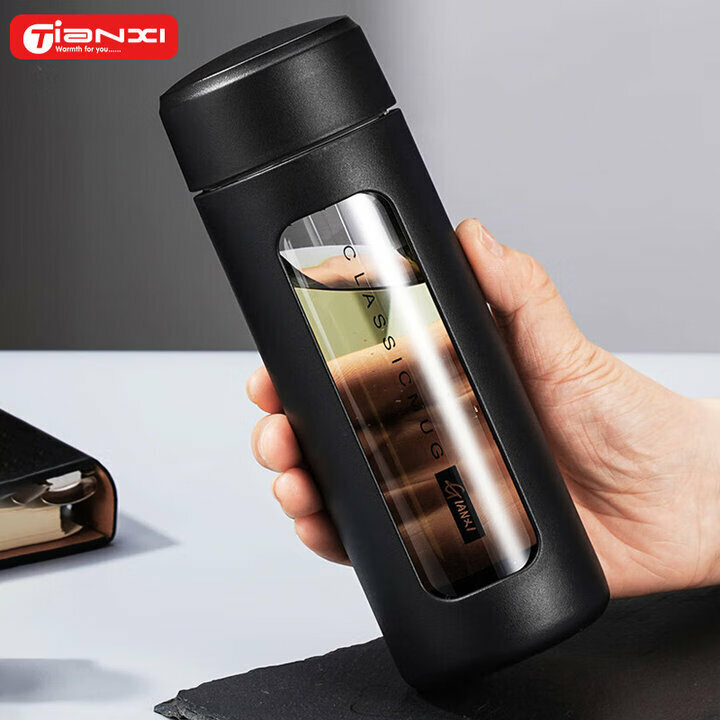 TIANXI Glass Cup with Tea Strainer, Large Capacity Tea Infuser Mug, Women's Day Gift, Black, 380ml