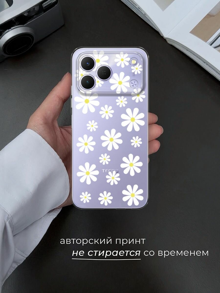 Чехол на Tecno Spark 50 / Текно Спарк 50 с принтом Большие ромашки, прозрачный — фото 1