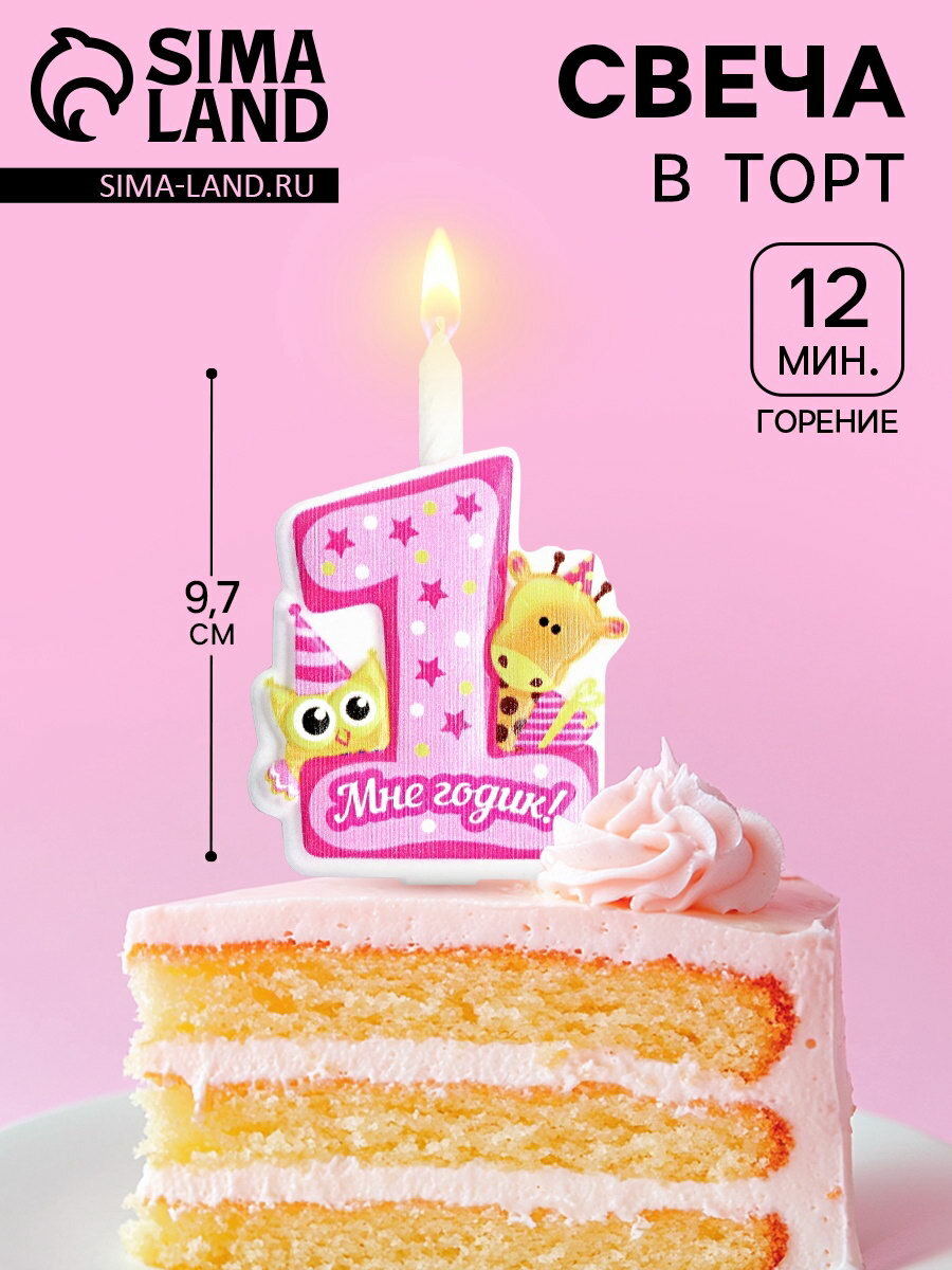 Свеча в торт "Мне годик!" с жирафом и совой, 9.7 см, 12 мин, 40 г, 2 шт.