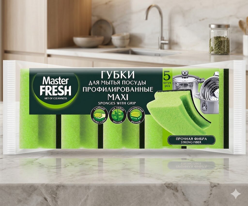 Master fresh профилированные губки для мытья посуды сверхпрочная фибра 5 штук MAXI - размер