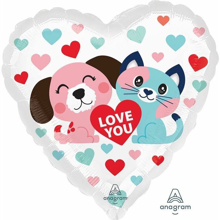 Воздушный шарик Anagram 18", I Love You, котик и собачка