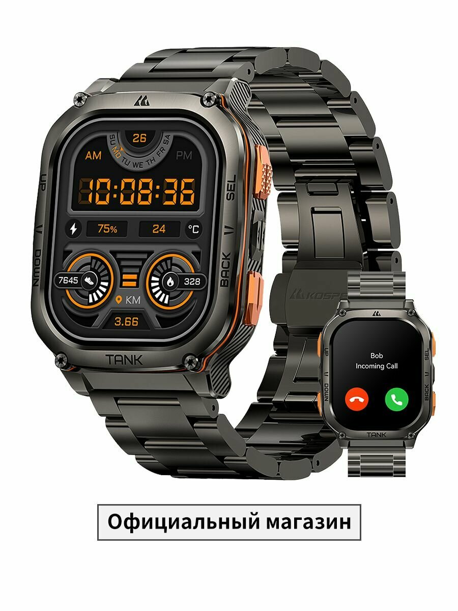 Умные часы KOSPET TANK M3U Мужские часы военного образца, дисплей с диагональю 1,96 дюйма, Поддержка GPS, водонепроницаемость на глубине 100 метров, мониторинг состояния здоровья, голосовой помощник