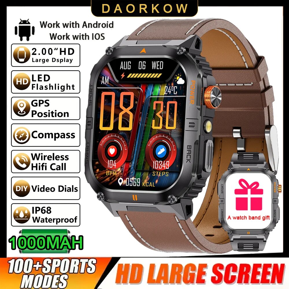 Умные часы Daorkow Brown belt, 2.00" HD