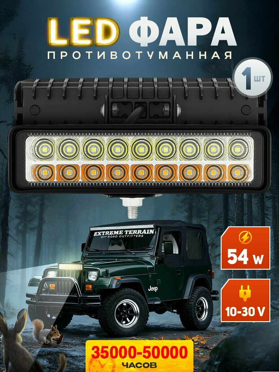 Фара светодиодная противотуманная и рабочего света, 10-30V, 54W (153х35мм, 18 LED)
