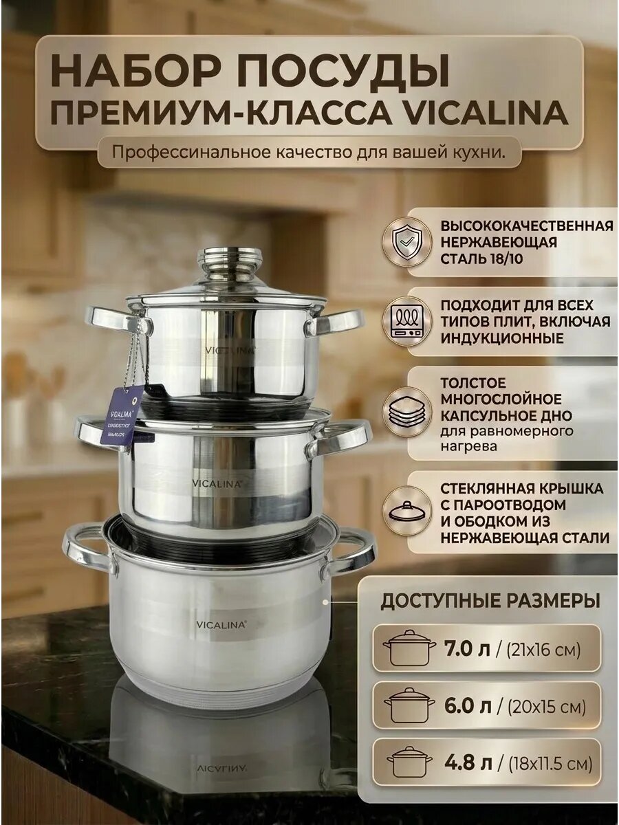 Набор кастрюль, нержавеющая сталь, с крышками, для всех типов плит