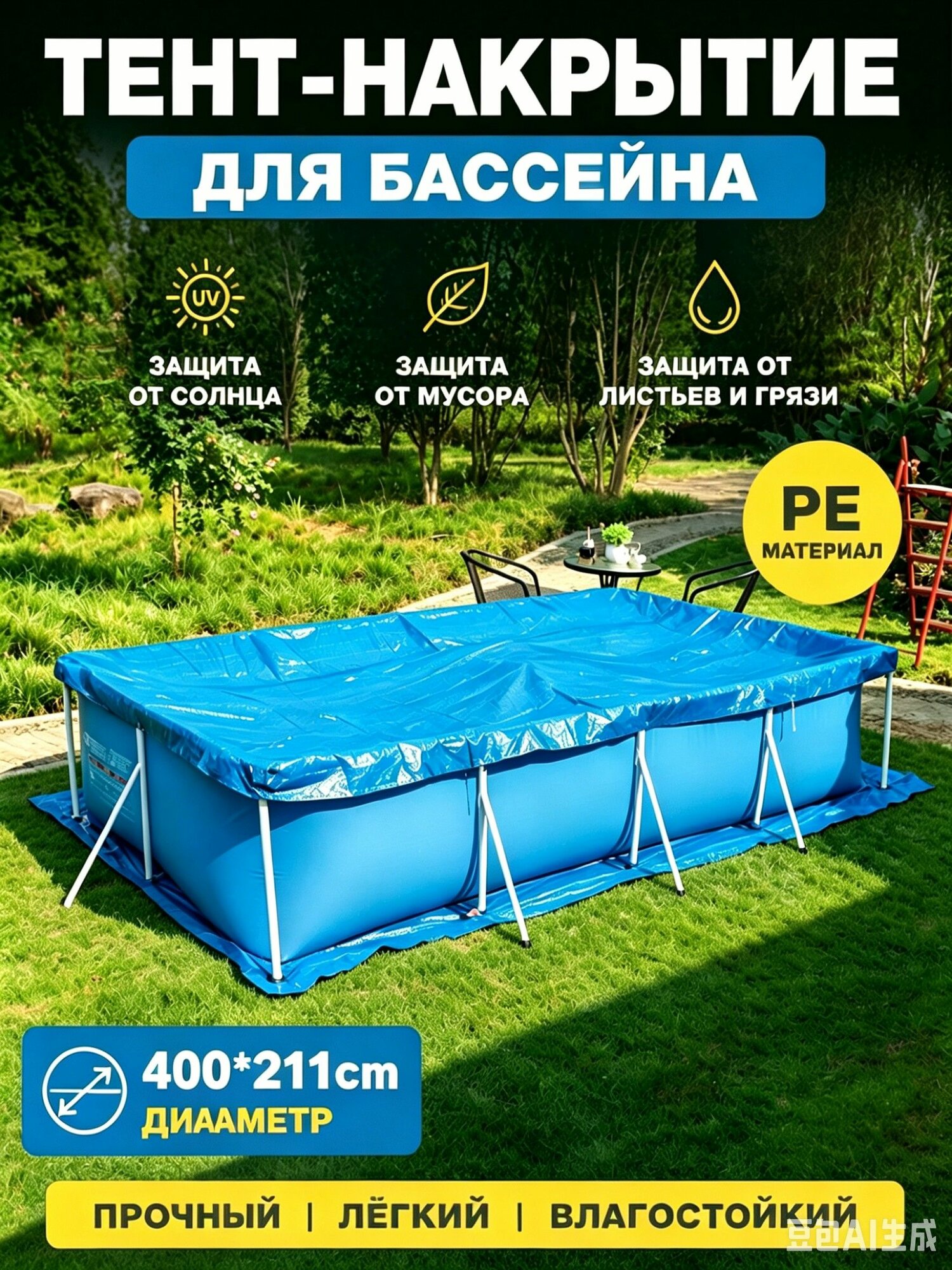 Тент для бассейна, 400x211см, защитный чехол от пыли, листьев и дождя, для дачи и сада