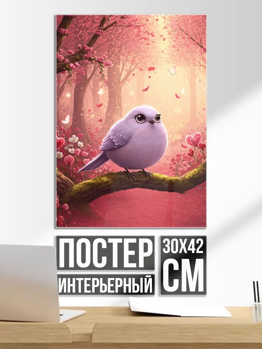 Постер на стену Сиреневая птица в розовом цветущем лесу