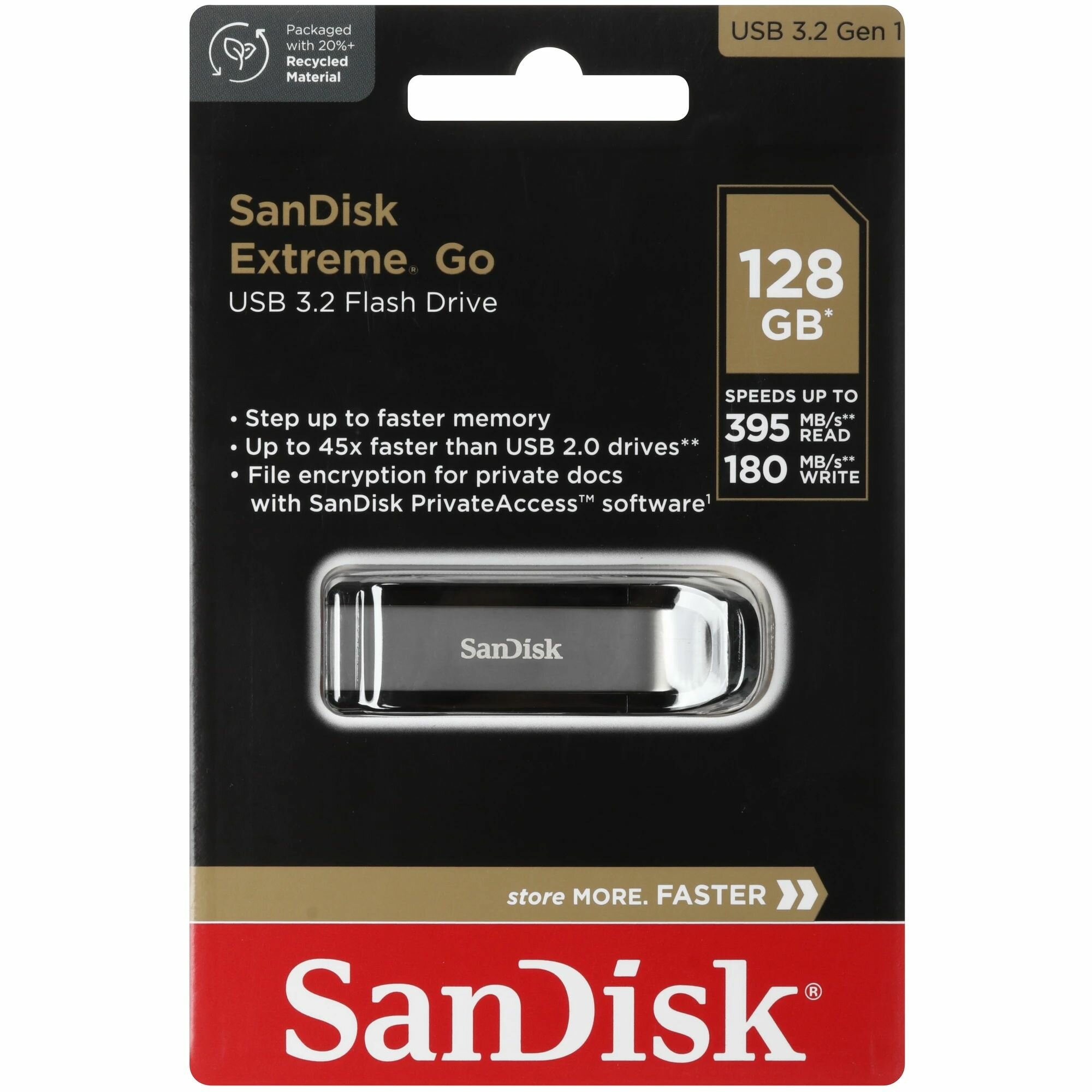 Память USB Flash 128 ГБ SANDISK Extreme Go (SDCZ810-128G-G46) - USB3.2, USB Type-A, чтение до - 395 МБ/с, запись до - 180 МБ/с