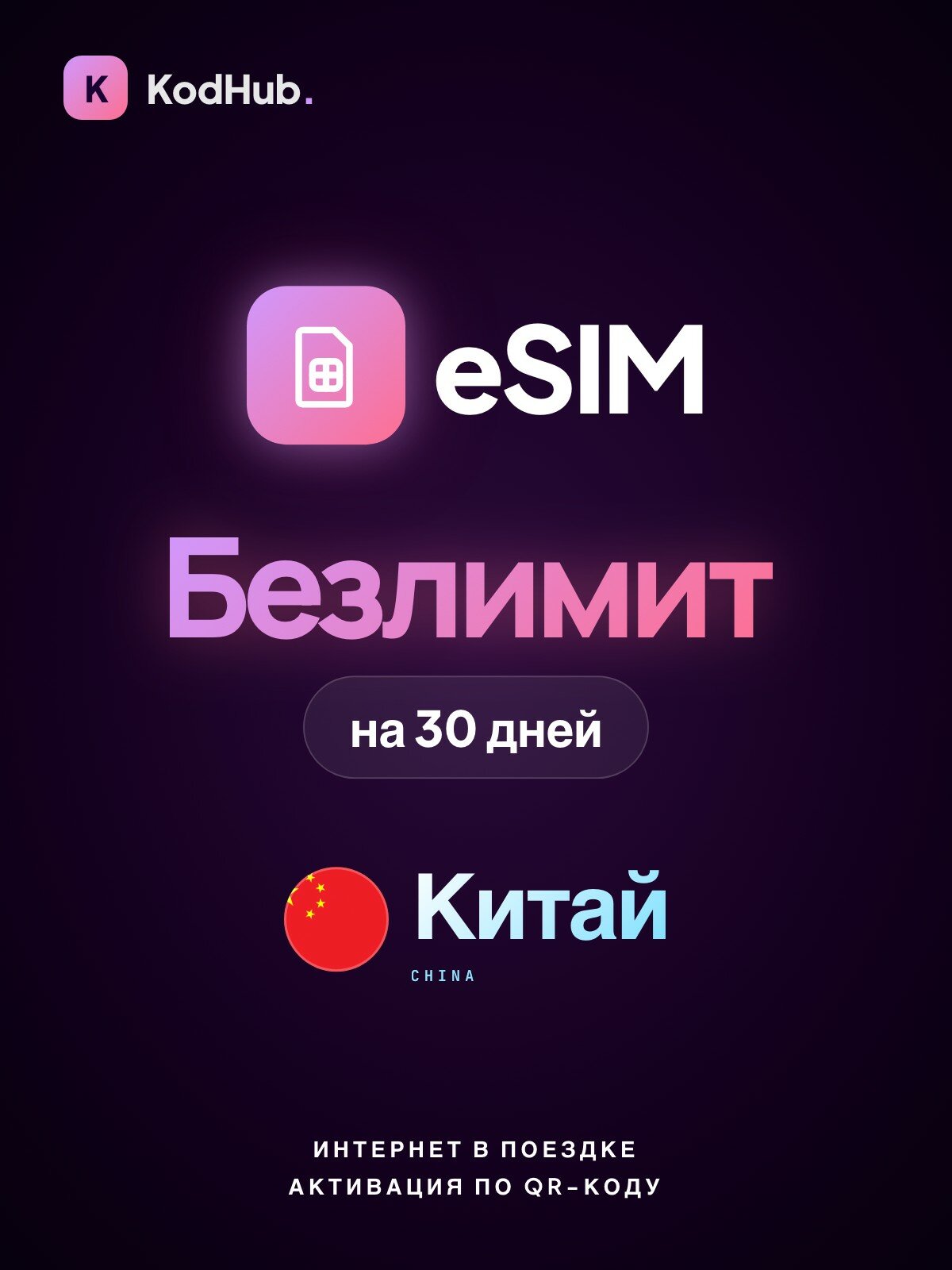 Туристическая eSIM Китай безлимит на 30 дней | интернет в поездке, связь за границей | QR-код активации