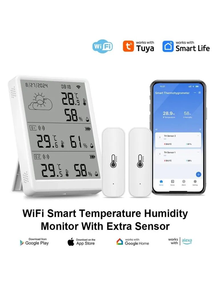 Беспроводная метеостанция WIFI гигрометр с 4 датчиками температуры и влажности для дома и улицы