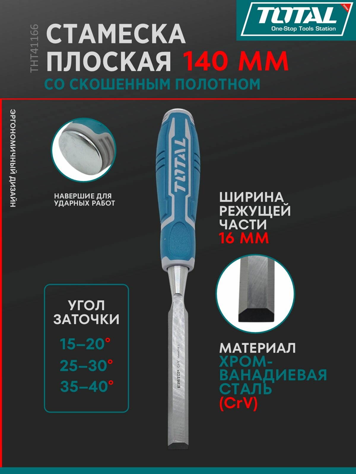 Стамеска по дереву долото 16 мм, CrV с двухкомпонентной рукояткой, ударная