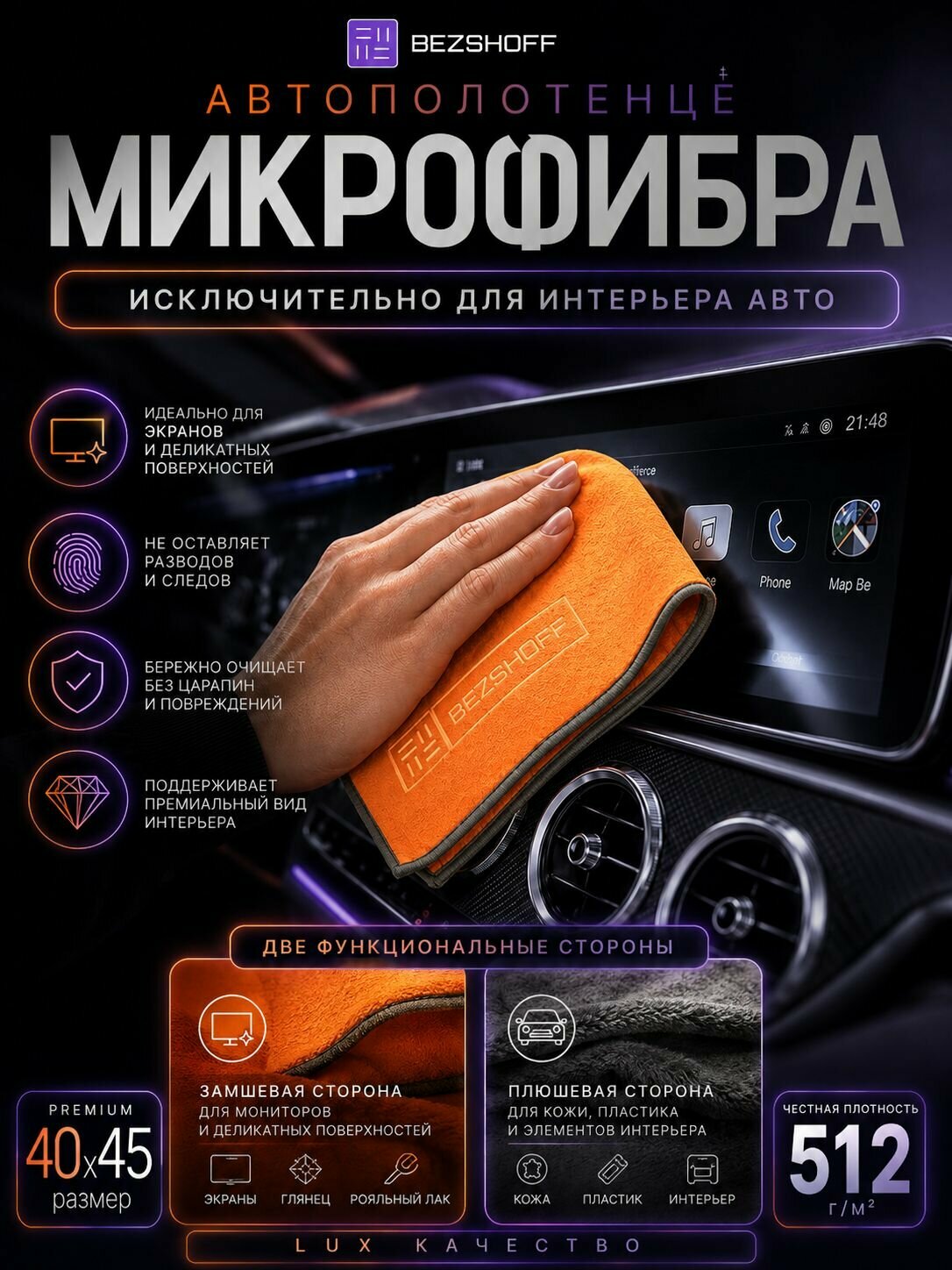 Микрофибра для автомобиля/ Тряпки из микрофибры / 2 стороны/ 40х45 см/ 1 шт тряпка для авто салфетки микрофибра