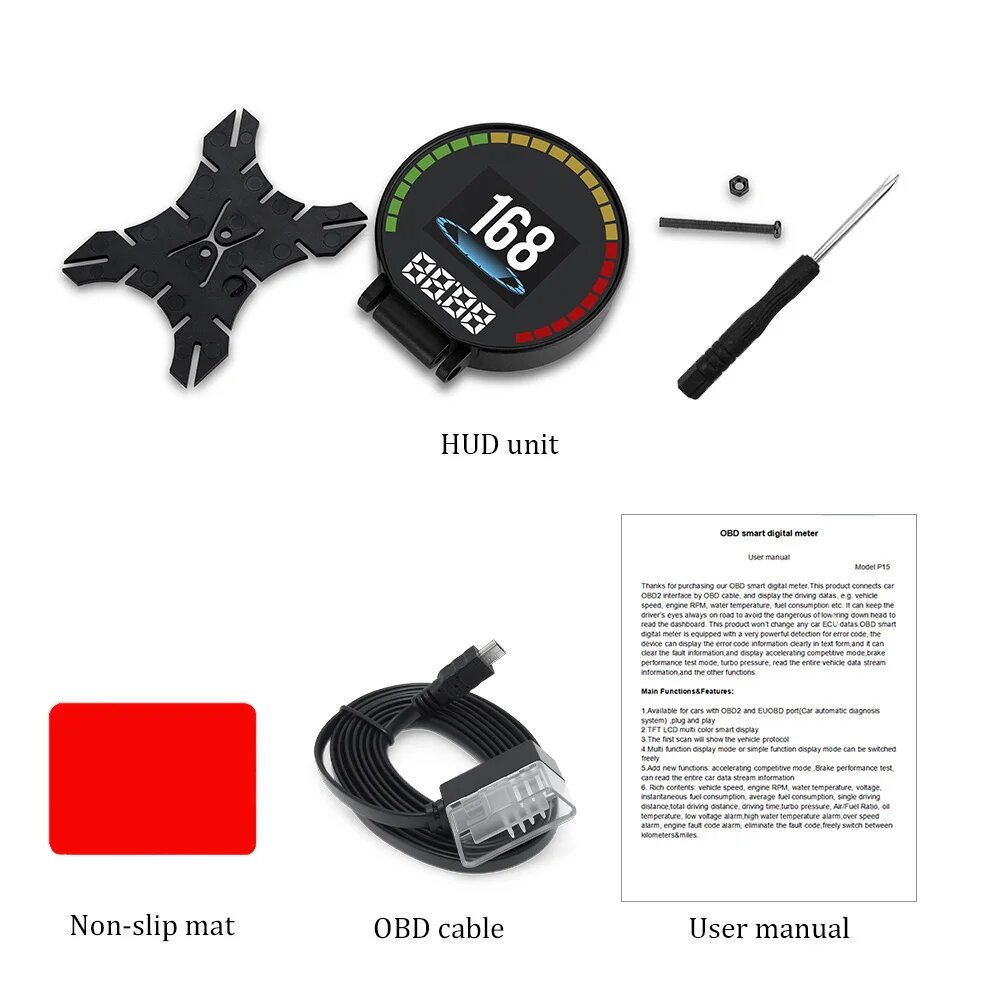 P15 OBD HUD дисплей на лобовое стекло: скорость, обороты, температура воды и масла, напряжение, расход топлива, бортовой комп.