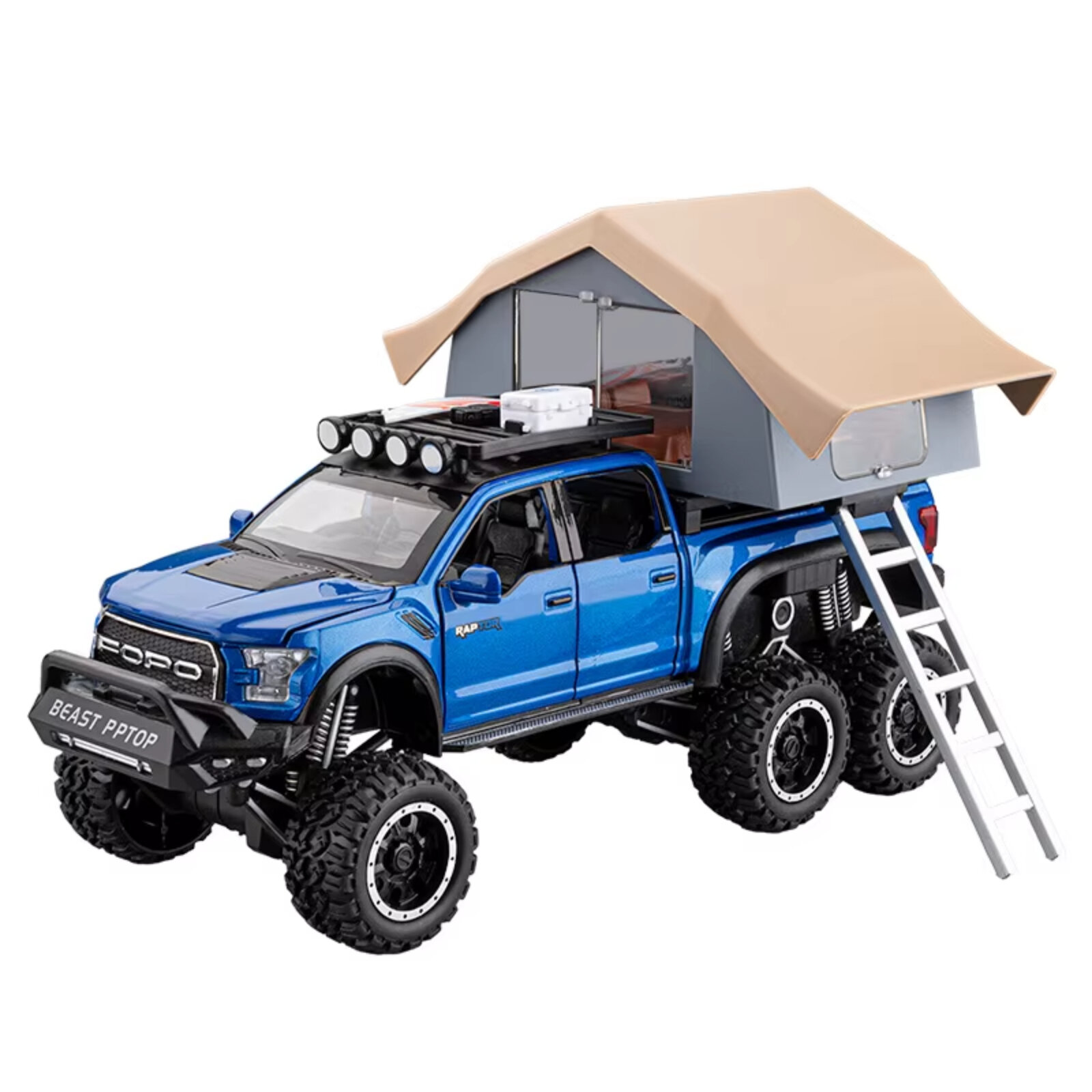 Модель автомобильной техники внедорожник Raptor F150 масштаб 1:24, металл, с акусто-оптическими эффектами, тяга назад, размеры 21.5 x 13.3 x 13 см, шесть дверей открываются, двери и окна кампера для кемпинга открываются, шестьколесная подвеска, большие