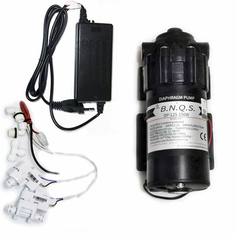 Насос B.N.Q.S. DP-125-150W (помпа) с набором датчиков, фитингами на трубку 1/4" (6,5мм) и Блоком Питания 24В 3А для фильтра с обратным осмосом Родничок.