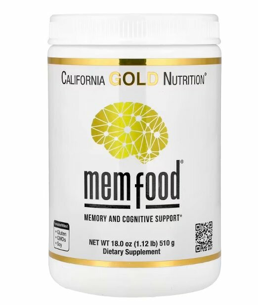 California Gold Nutrition, MEM Food, добавка для поддержки памяти и когнитивных функций со смесью MEM, L-серином, органическим ежовиком гребенчатым и порошком из сока голубики, 510 г