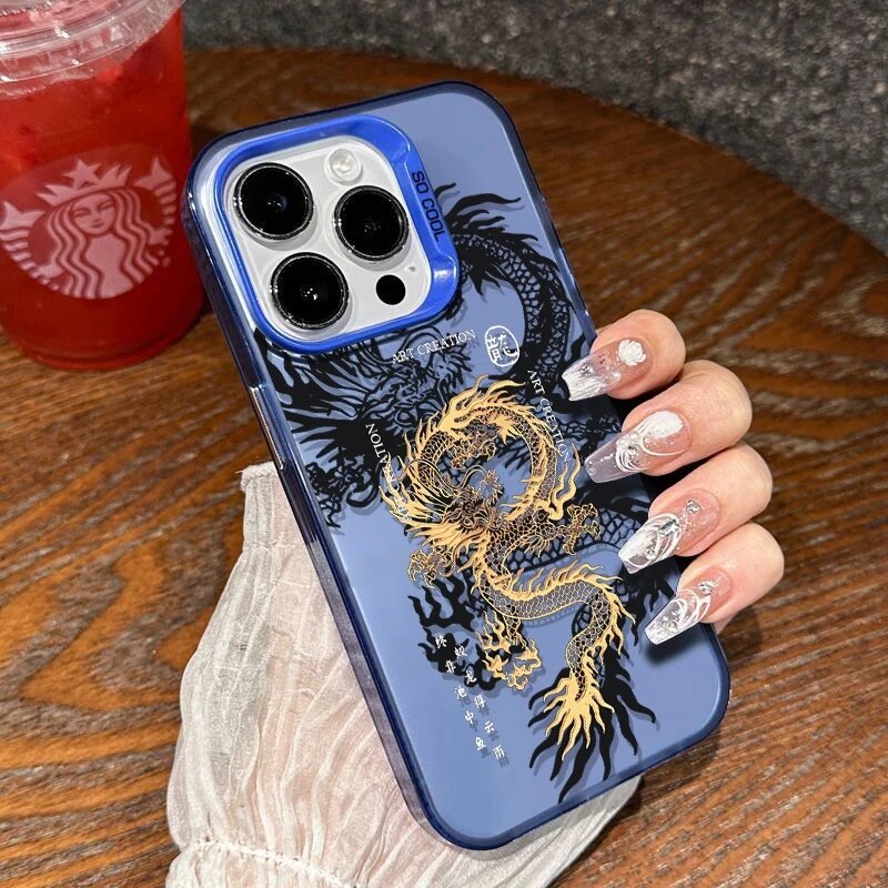 Чехол для телефона с дизайном «Черный Золотой Дракон» для iPhone Айфон 15 Про Макс, Blue-YYDSG6178