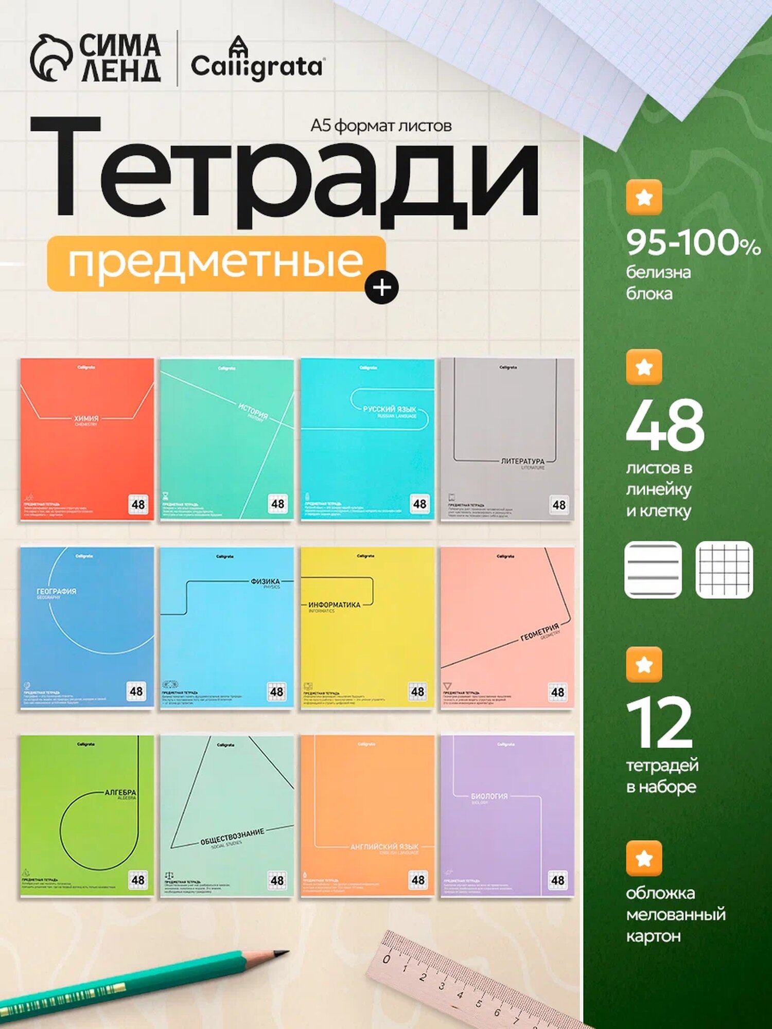Комплект 12 предметных тетрадей 48 листов, справочная информация, 60 г, Пастель