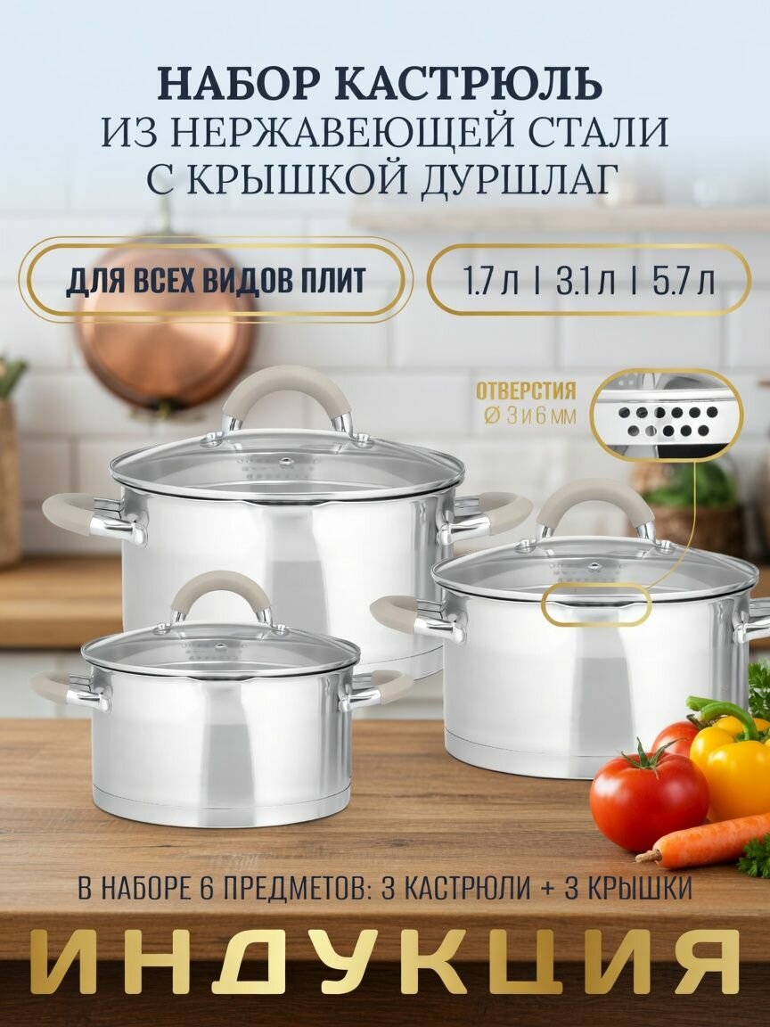 Набор Кастрюль С Крышкой И Толстым Дном Для Кухни и Готовки. Маленьких, Больших Из Нержавеющей Стали Для Газовых, Электрических, Индукционных Плит. Берлин, 3шт
