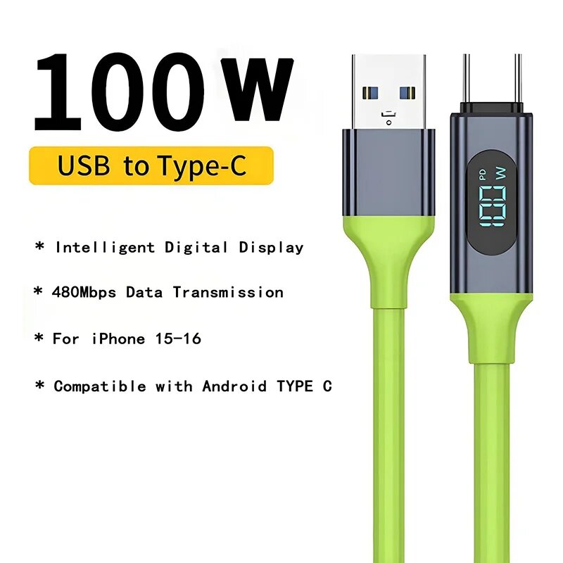 100W USB-C to Type-C кабель с дисплеем, 480Mbps, для iPhone 15-16