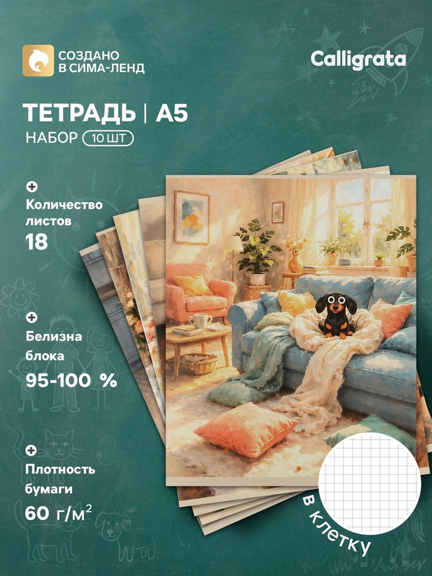 Набор тетрадей из 10 штук, 18 листов в клетку Calligrata «Такса», блок офсет, 5 видов