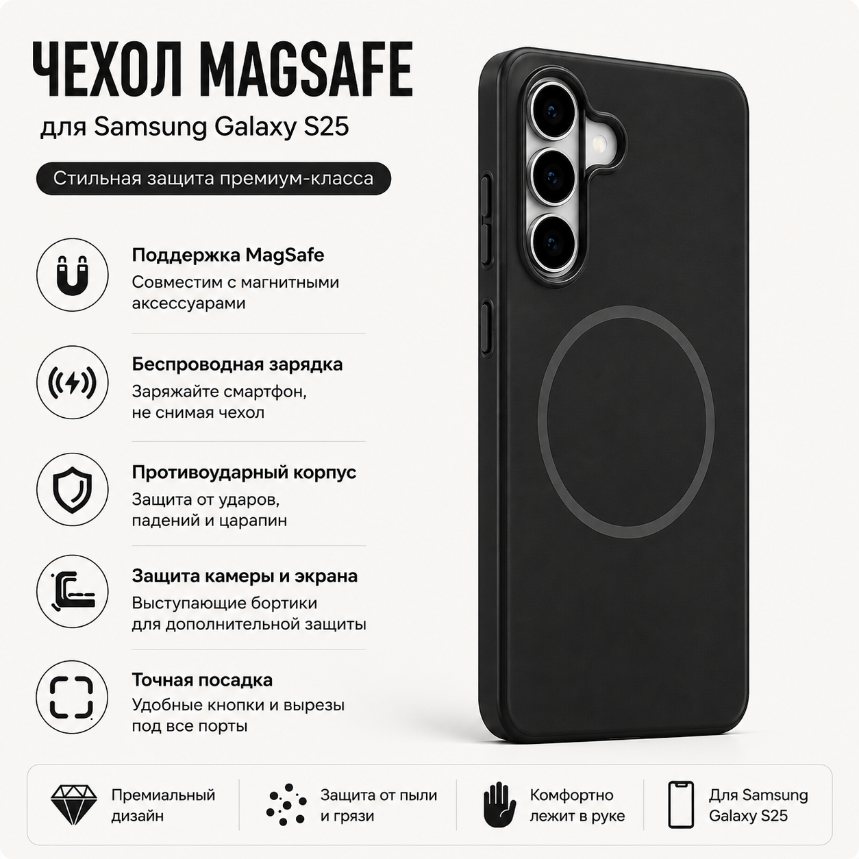 Чехол MagSafe для телефона Samsung S25, поликарбонат, ударопрочный, черный
