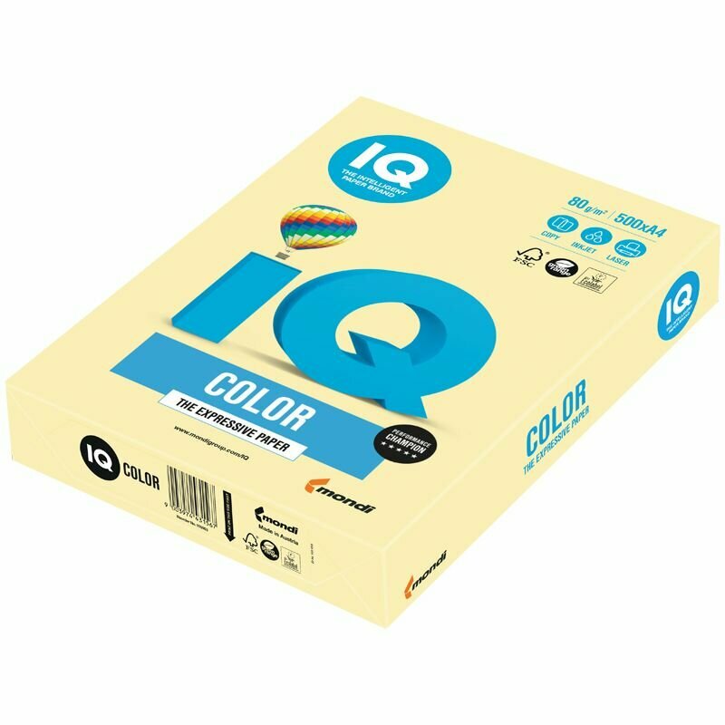 Бумага цветная IQ "Color pastell" А4, 80 г/м2, 500 л, пастель желтая YE23