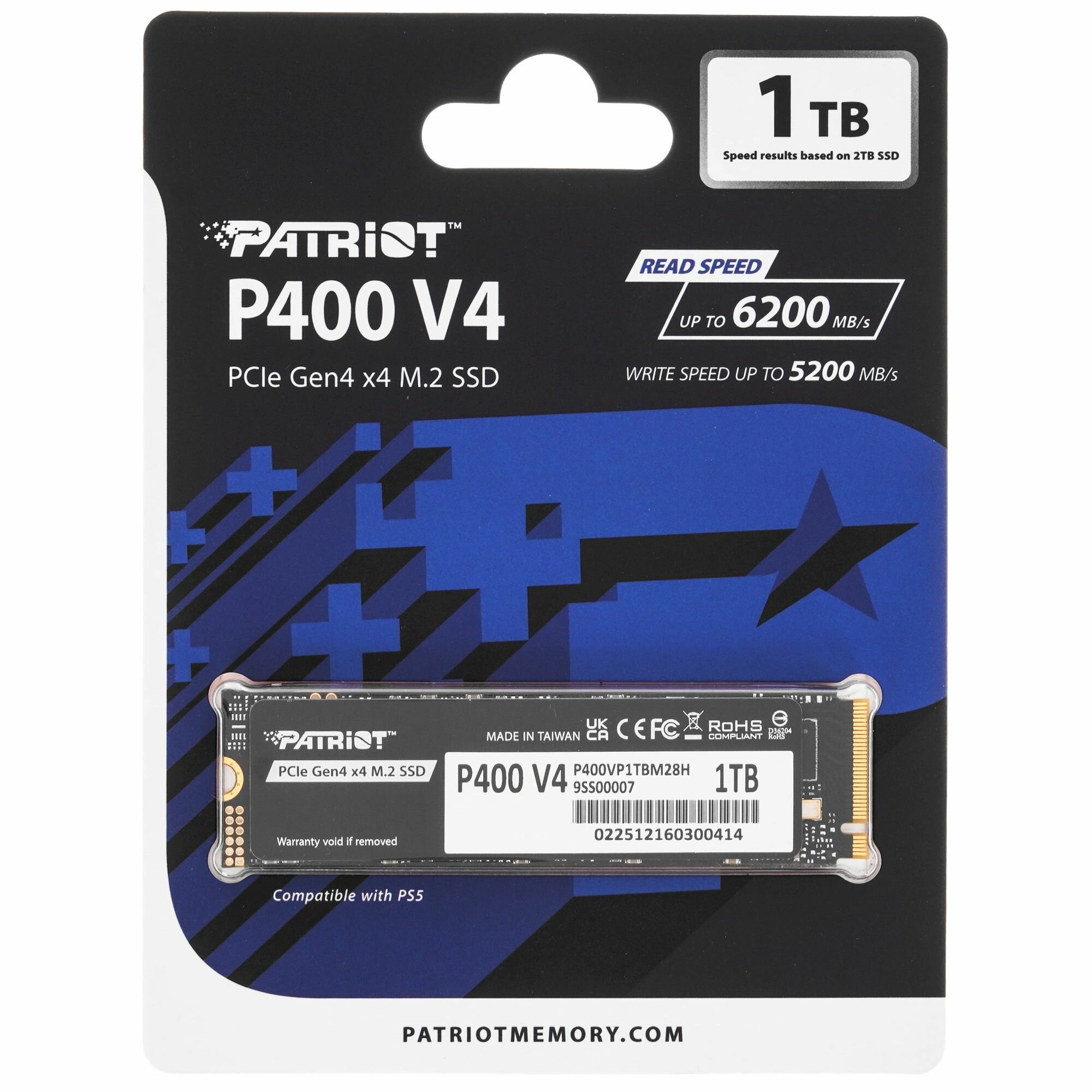 1 ТБ M.2 NVMe накопитель Patriot P400 V4 (P400VP1TBM28H) - PCI-E 4.0, чтение - 6000 МБ/с, запись - 5000 МБ/c, TBW - 320