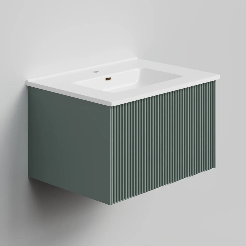 Тумба с раковиной La Fenice Terra 60 подвесная, 61 см, серая, матовая, из МДФ, с ящиками, раковина для ванной фарфоровая, прямоугольная, встроенный слив-перелив